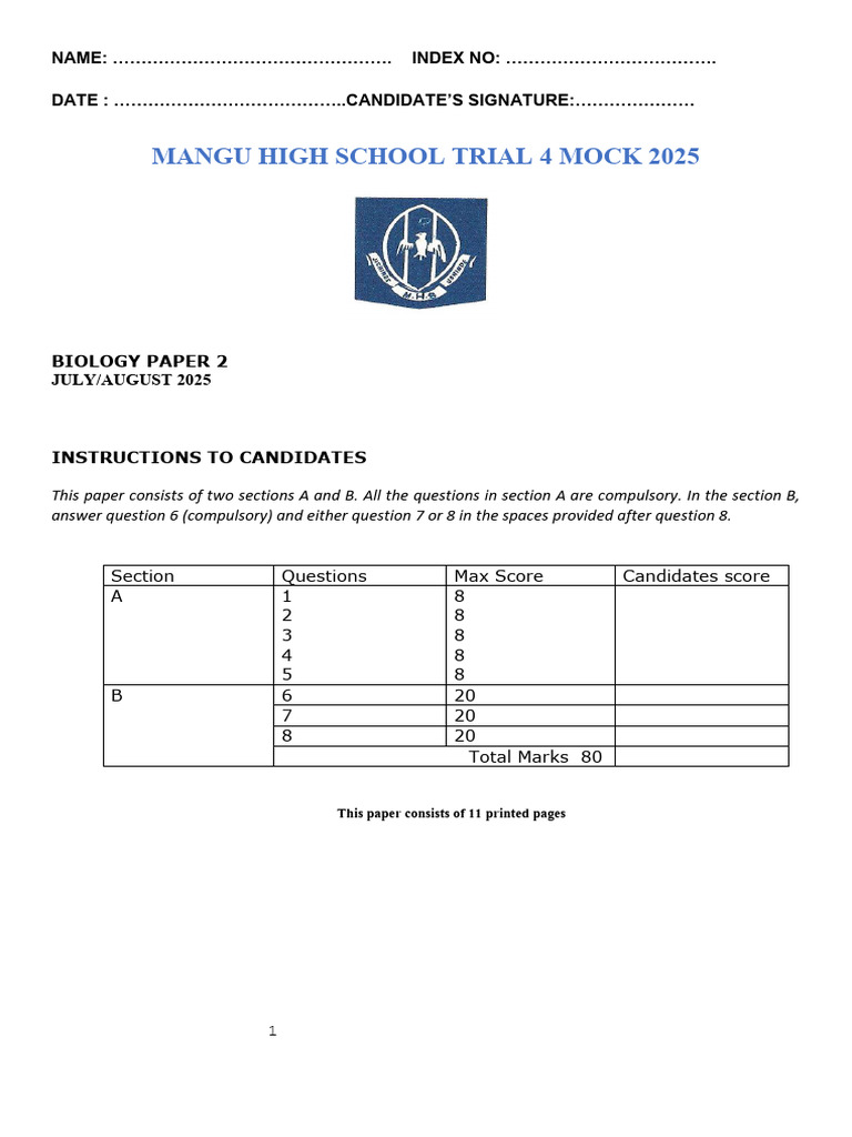 Biology f4 Pp2 Q Mangu Mock | PDF | Evolution | Ovary