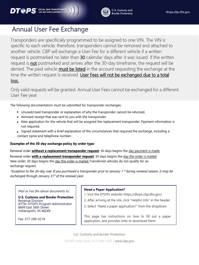 Annual User Fee Transponder Exchange Guide | PDF | U.S. Customs And ...