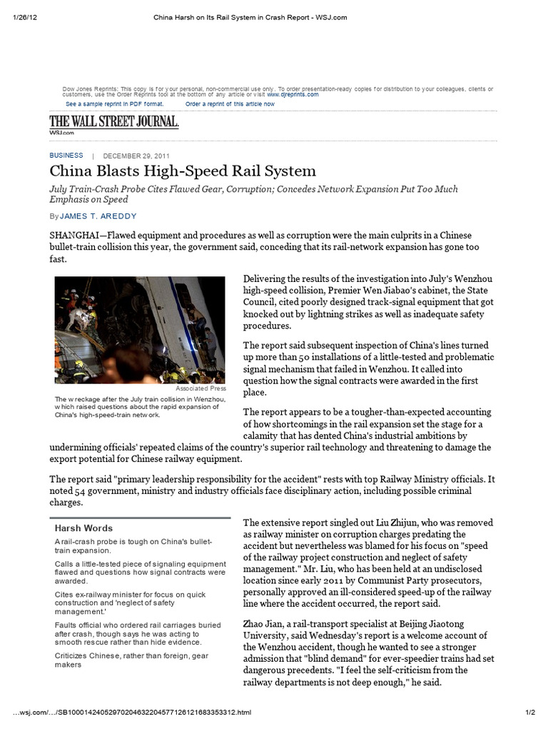 China Harsh On Its Rail System in Crash Report - WSJ | PDF | Politics ...