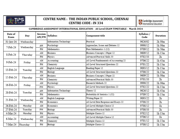 AS LEVEL Timetable March 2024 | PDF | Multiple Choice | Mathematics