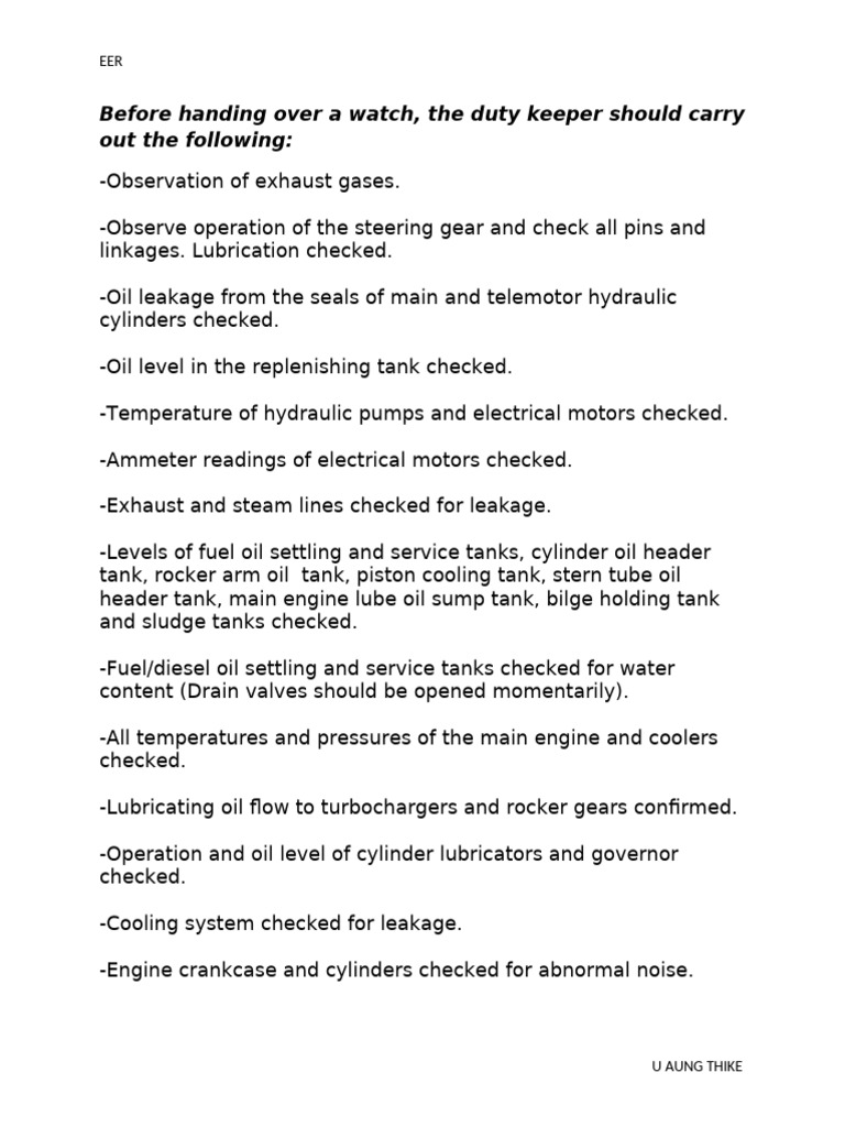 Engine Room Watch Hand-Over Checklist | PDF