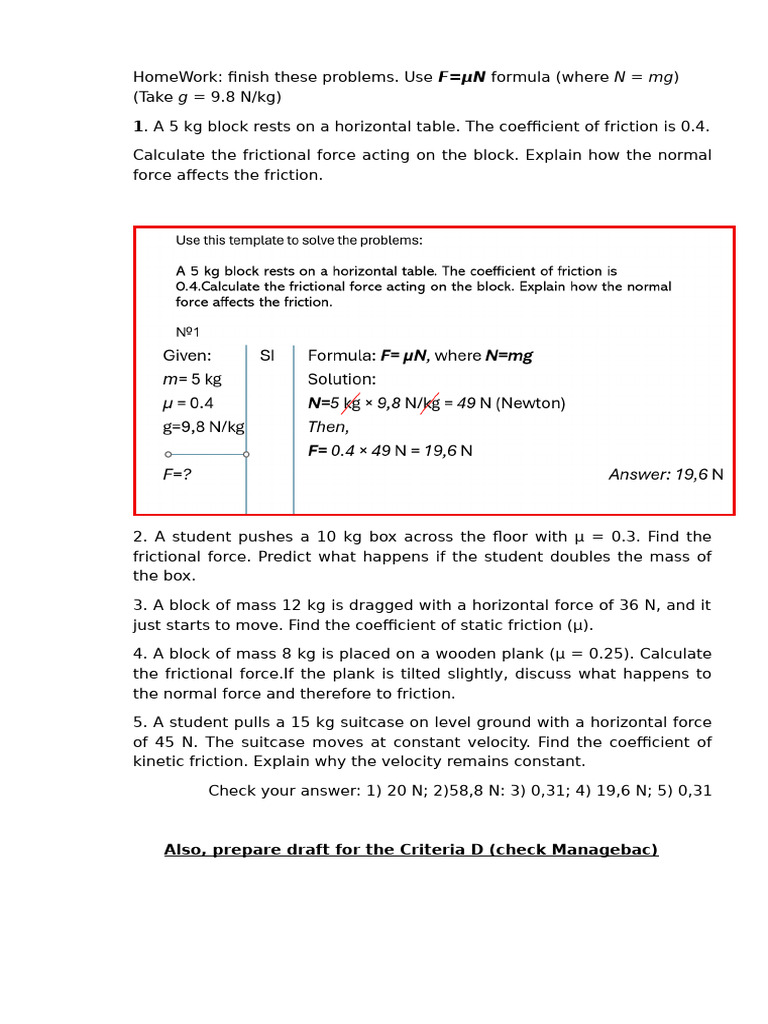 Friction Force Calculations and Analysis | PDF