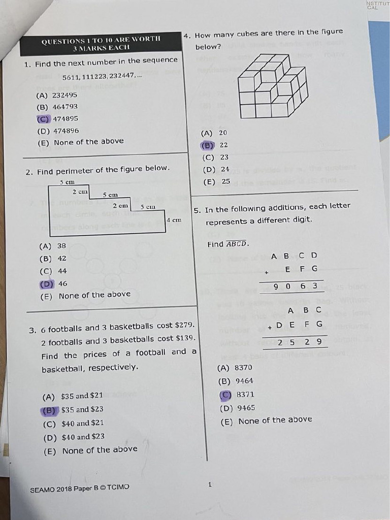 Seamo 2018-Paper B (Grade 3) | PDF