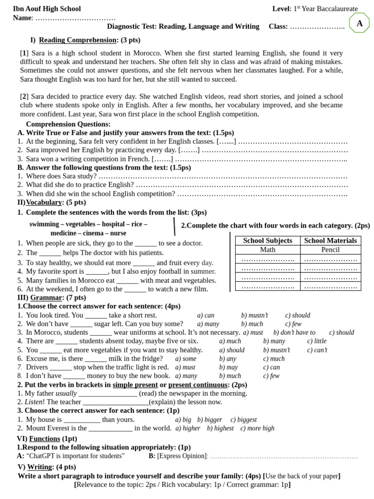 Diagnostics Test 1 Bac A & B-1 | PDF | Reading Comprehension | English ...