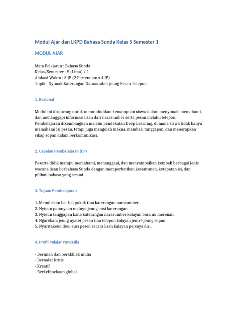 Modul Ajar Dan LKPD Bahasa Sunda Kelas5 | PDF