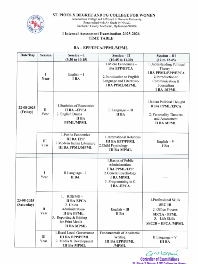 UG-I Internal Time Table AUG-2025 | PDF