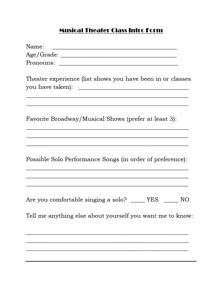 Musical Theater Class Intro Form | PDF
