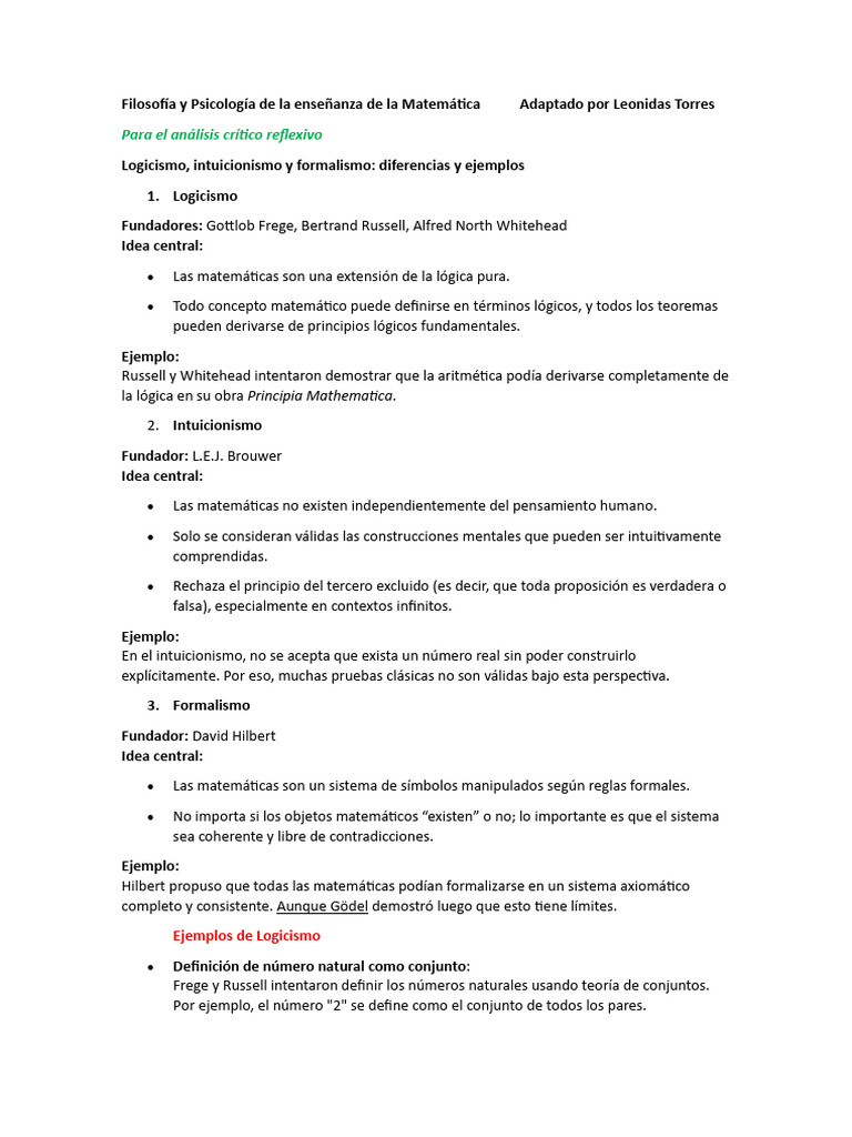Filosofía de la Matemática: Logicismo, Intuicionismo y Formalismo | PDF ...