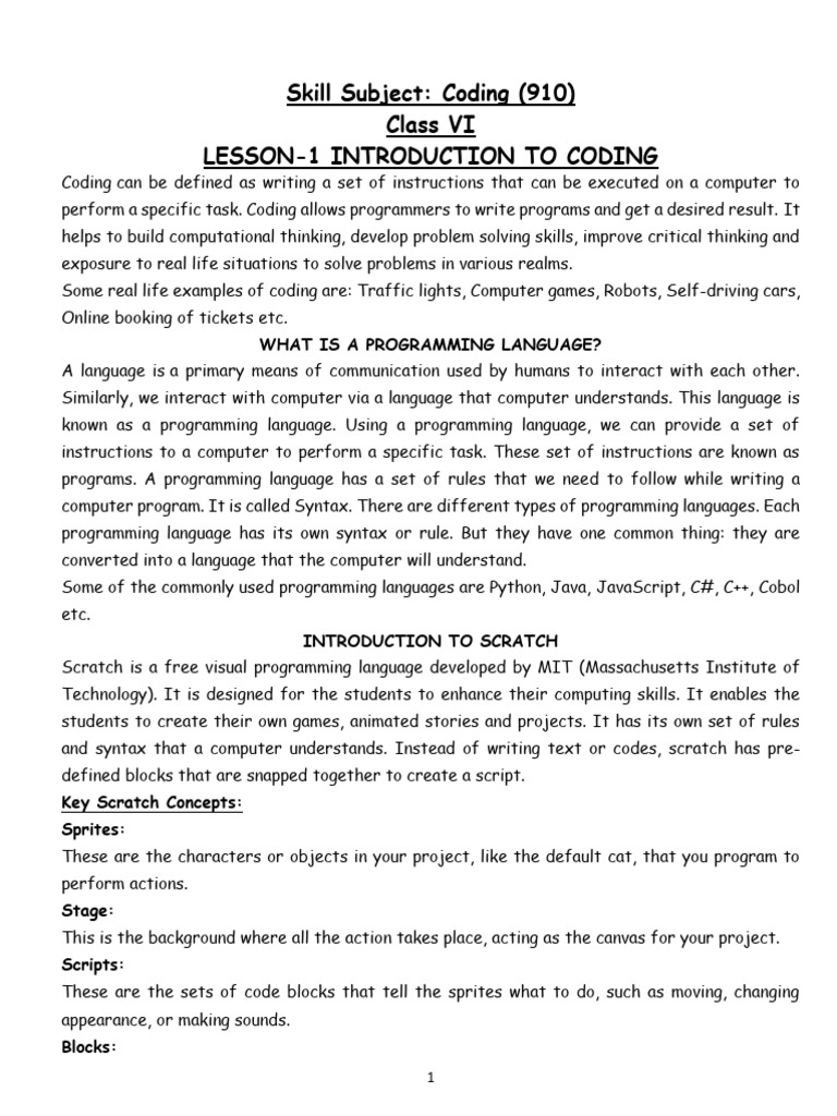 Introduction To Coding - Class Vi | PDF | Data Type | Control Flow