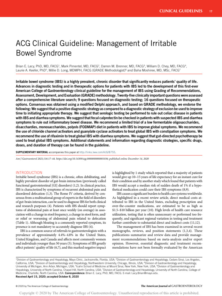 Acg Clinical Guideline Management of Irritable.11 | PDF | Irritable ...