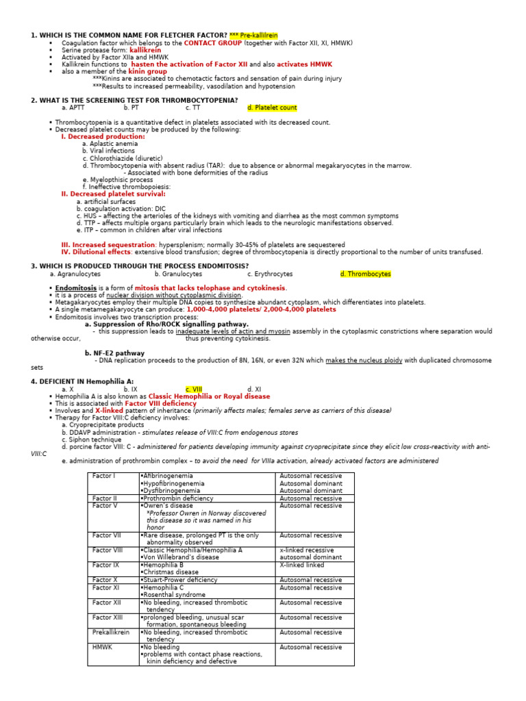 Hema Probable Questions 2019 | PDF | Platelet | Coagulation