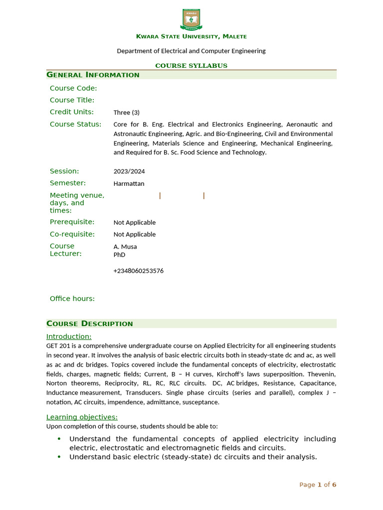 GET 201 - Course Syllabus Design - 2023 - 24 | PDF | Electrical Network ...