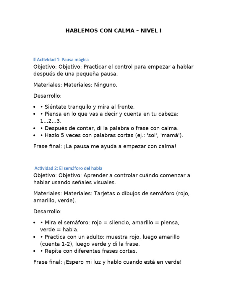 Hablemos Con Calma Nivel I Actividades 1 A 10 Control Del Habla | PDF ...