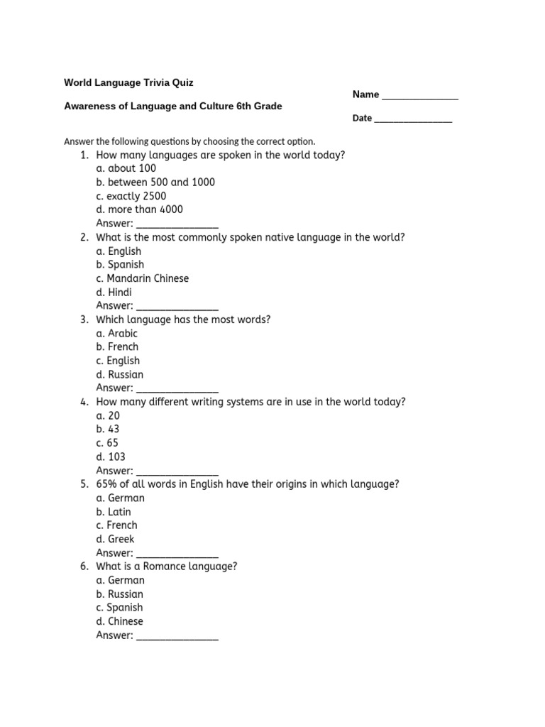 6th Grade Language Trivia Quiz | PDF | Spanish Language | Arabic