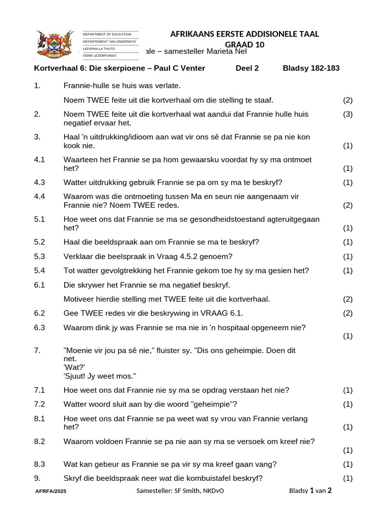 Afrikaans - EAT - Graad10 - Skerpioene - Deel 2 - Vrae | PDF