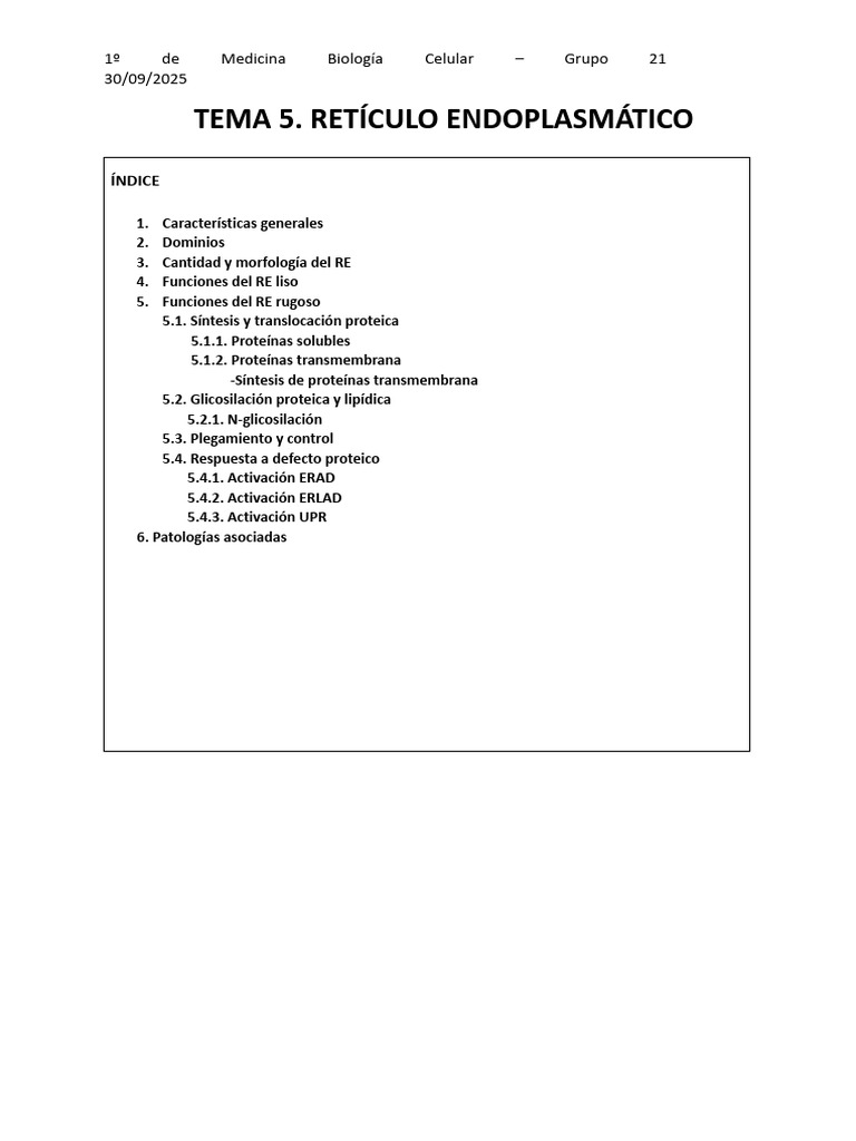 Tema 5 BIOCEL Retículo Endoplasmático (Corregido) | PDF | Retículo endoplásmico | Membrana biológica