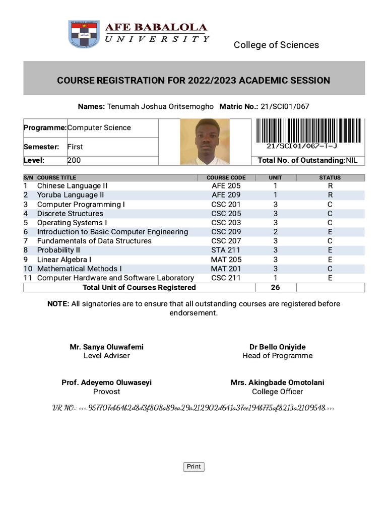 Course Registration Form Printout - Afe Babalola University ODL | PDF