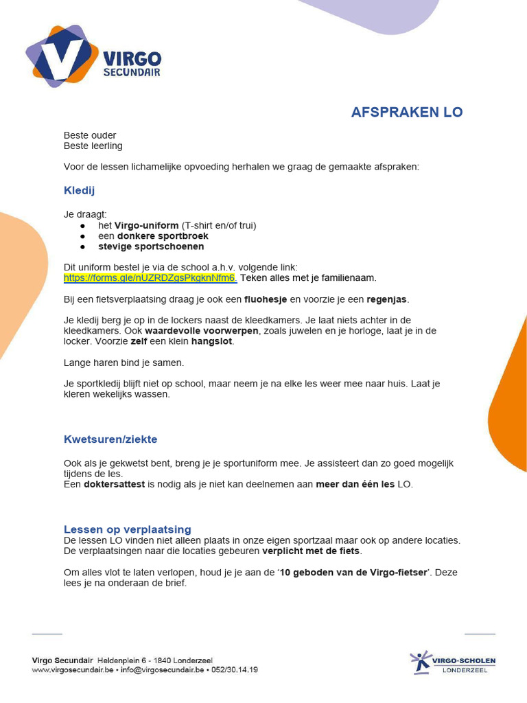 Afspraken LO 2de-6de Jaar | PDF