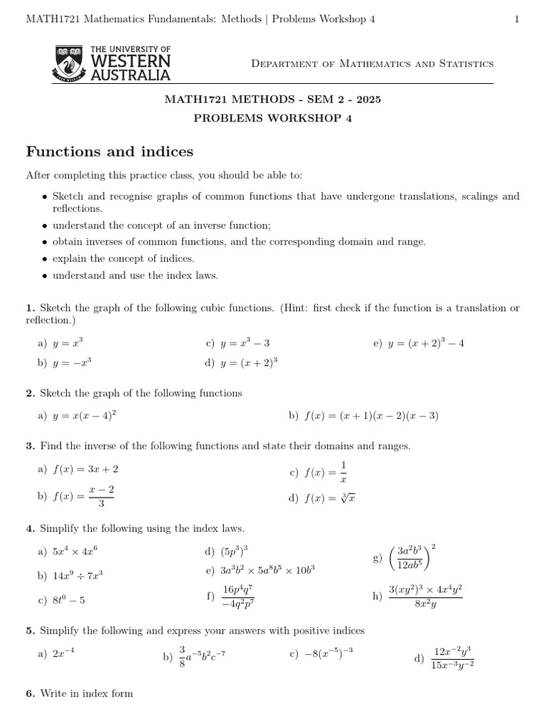 MATH1721 Functions and Indices Workshop | PDF | Function (Mathematics ...