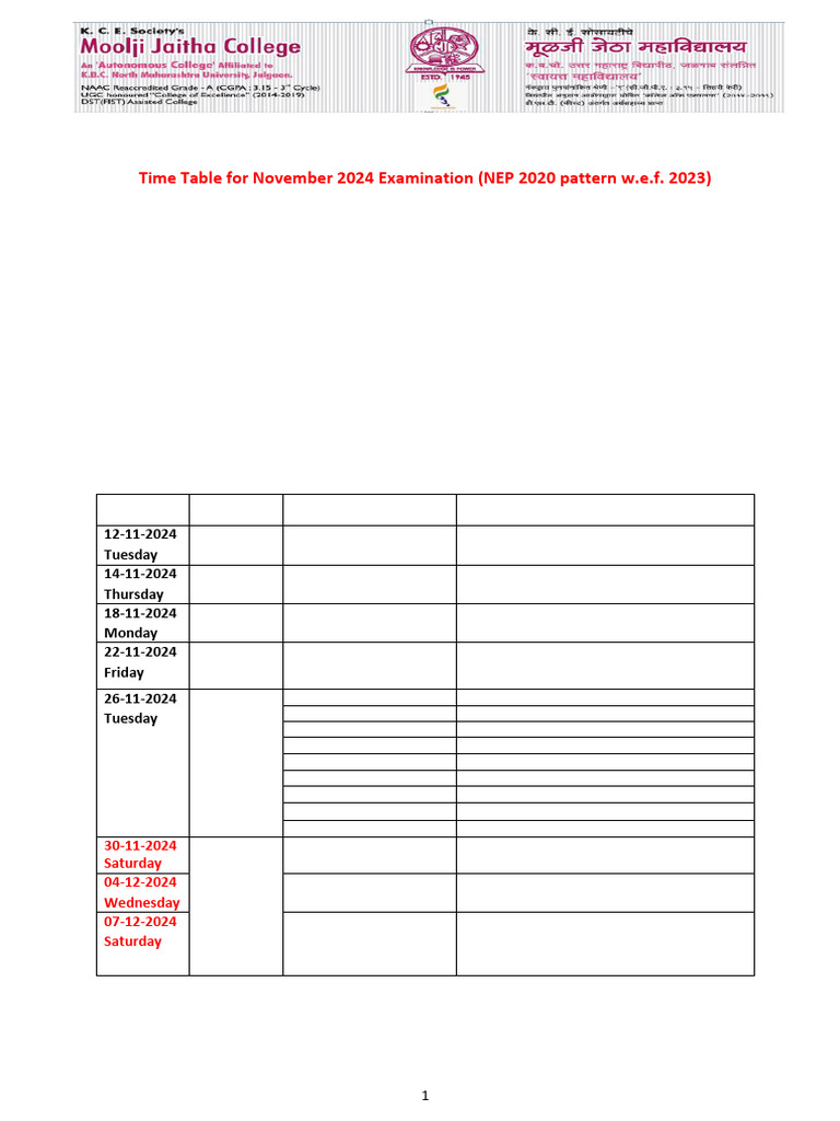 Bba Sem I Nov 2024 Time Table Nep23 | PDF