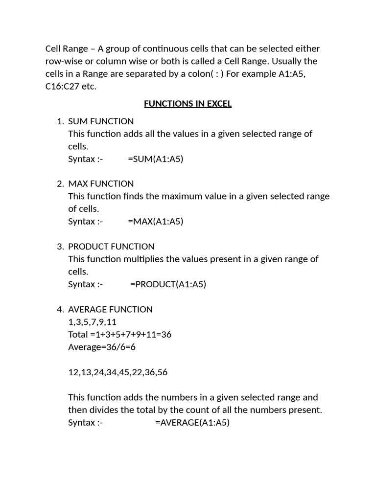 Excel Functions for Cell Ranges | PDF
