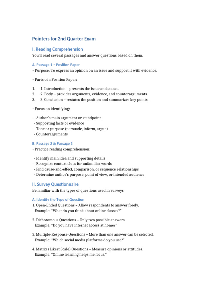 Pointers For 2nd Quarter Exam | PDF | Reading Comprehension | Data