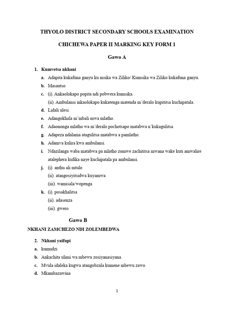 Chichewa 1 Paper 2 Marking | PDF