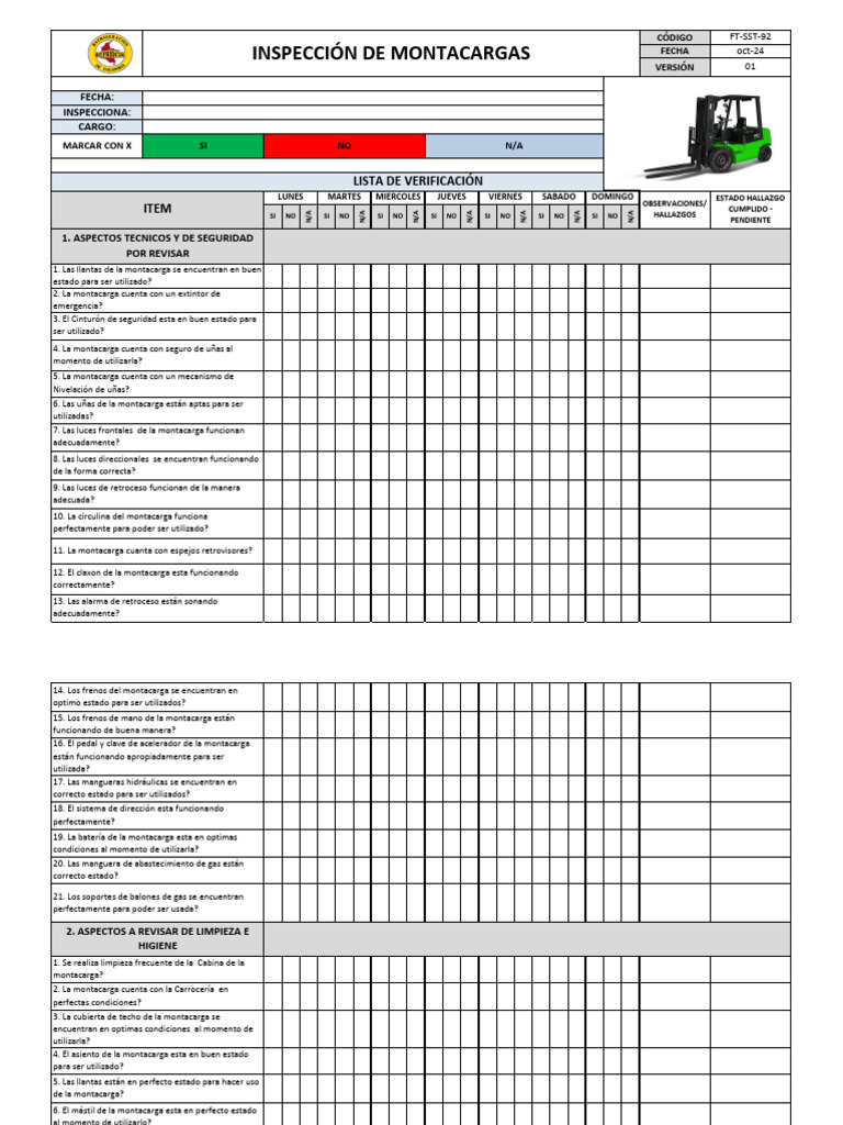 FT-SST-92 Inspección de Montacargas V1 | PDF | Máquina elevadora ...