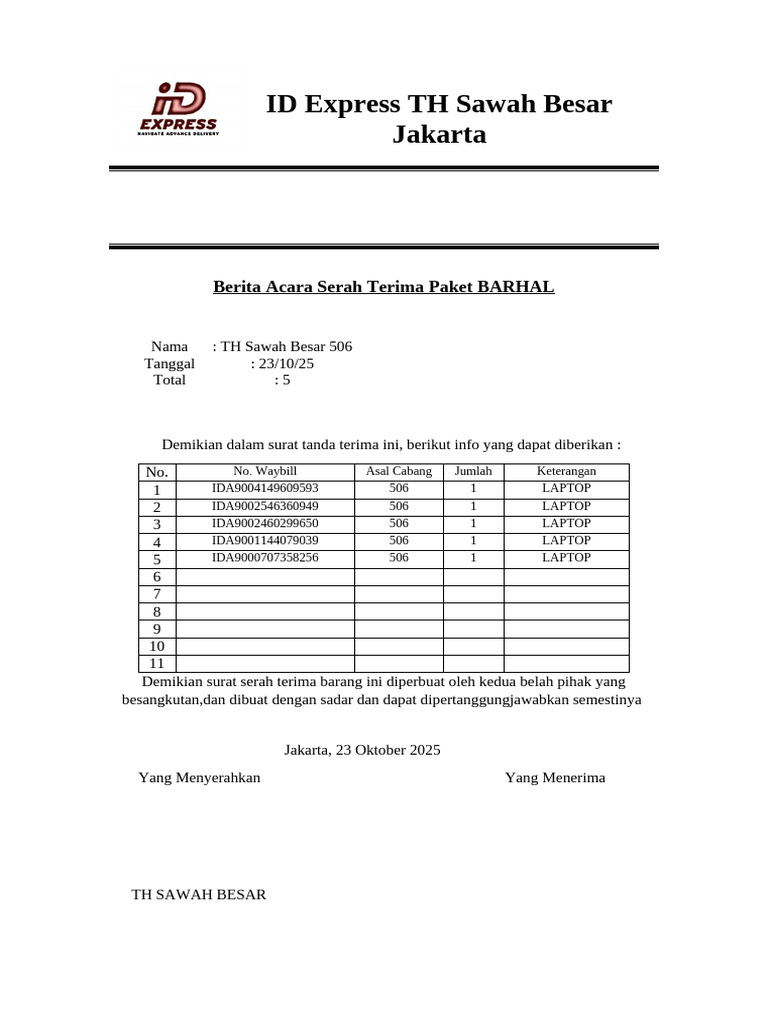 Surat Tanda Terima Paket Barhal 231025 | PDF