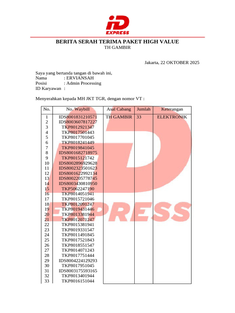 Syarat Tanda Terima Paket High Value | PDF
