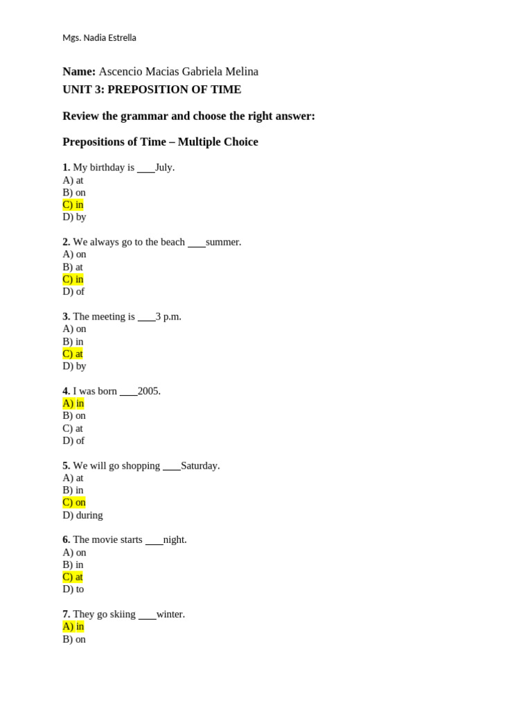 Prepositions of Time Quiz | PDF