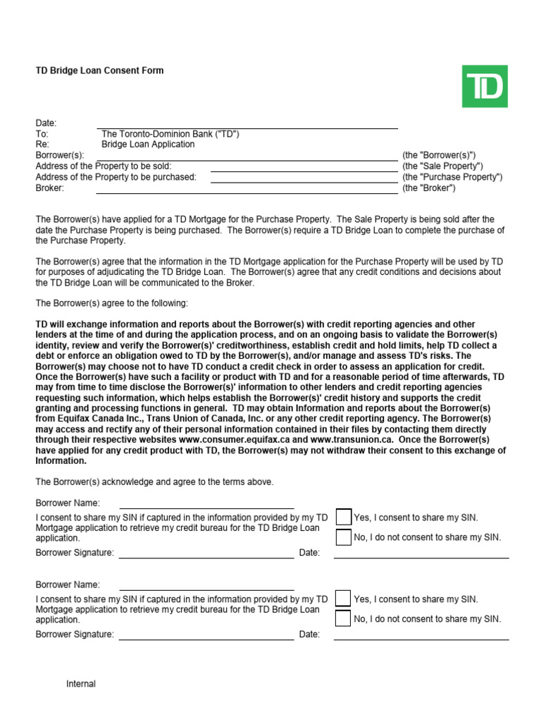 TD Bridge Loan Consent Form | PDF | Loans | Credit Score