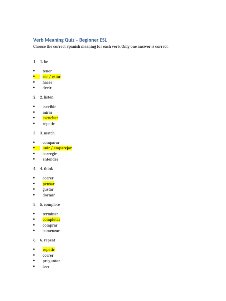 Verb Meaning Quiz Beginner ESL | PDF | Música grabada | Música pop