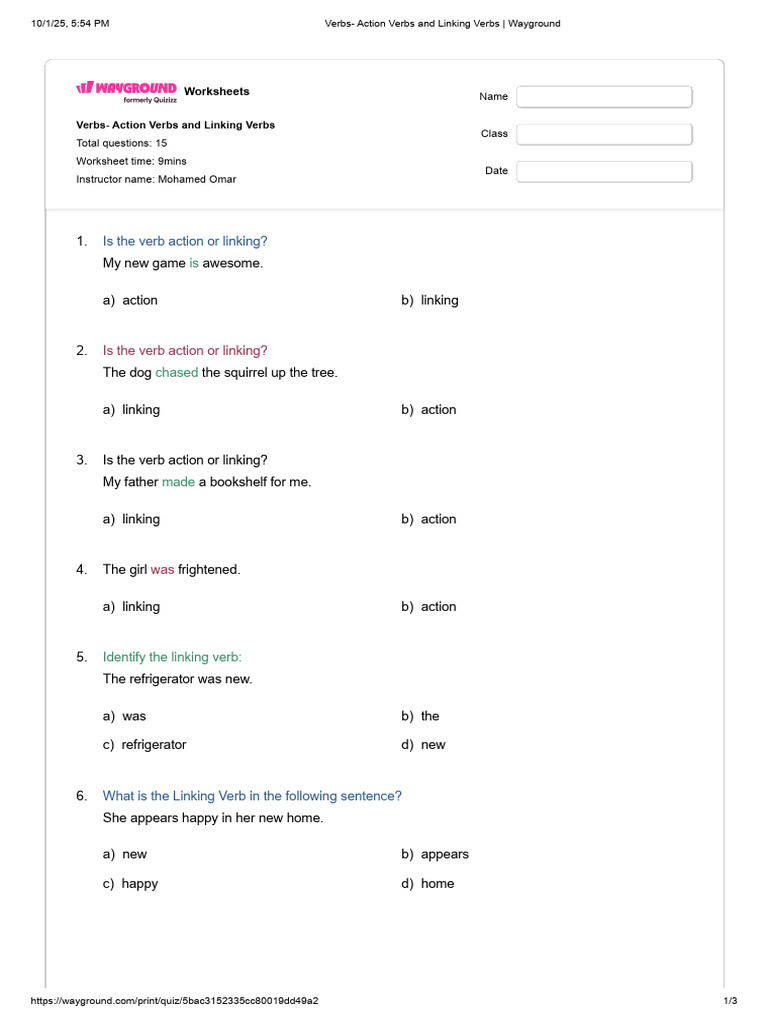 Action vs Linking Verbs Worksheet | PDF | Verb | Sentence (Linguistics)