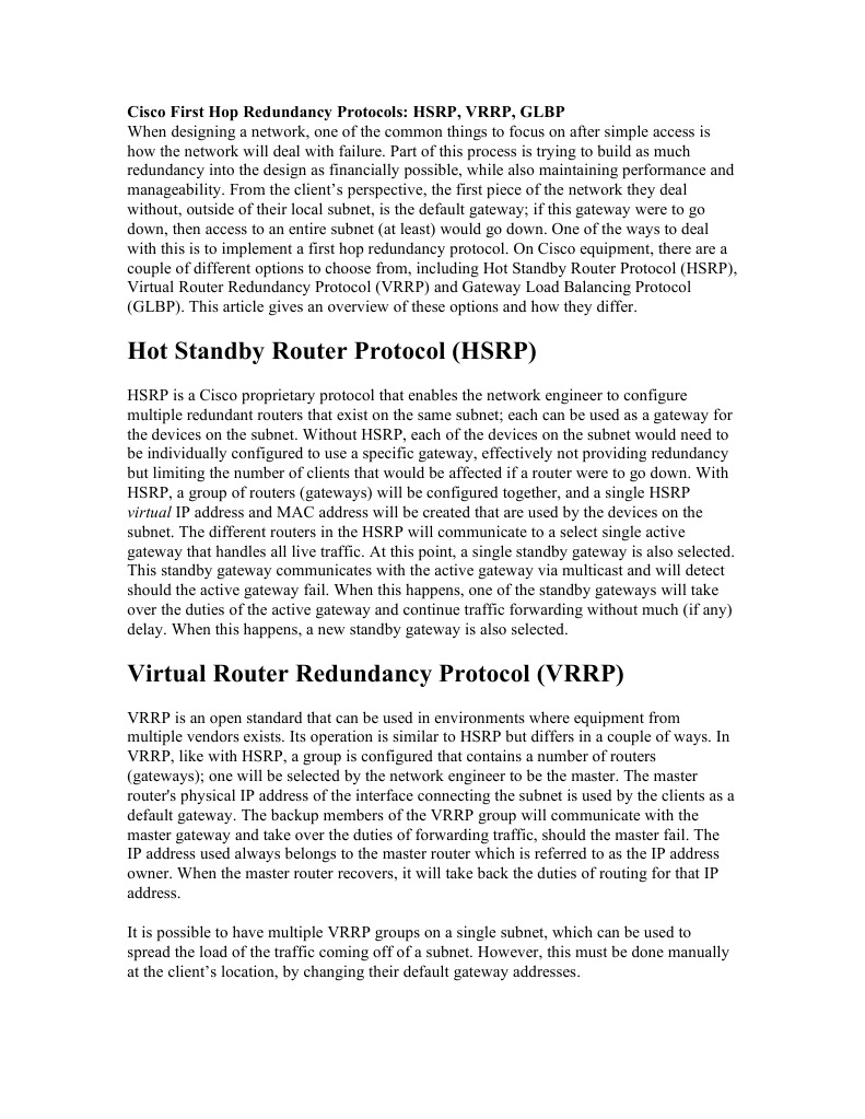 Cisco First Hop Redundancy Protocols | PDF | Gateway ...