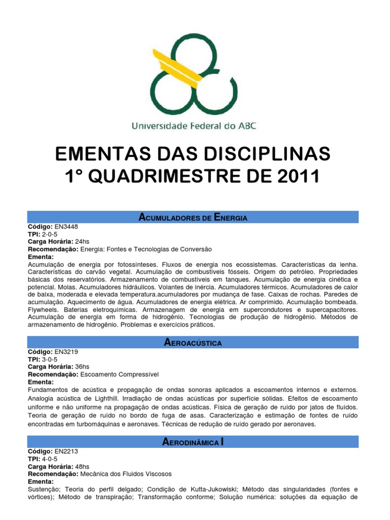 Ementas Das Disciplinas: 1° Quadrimestre De 2011