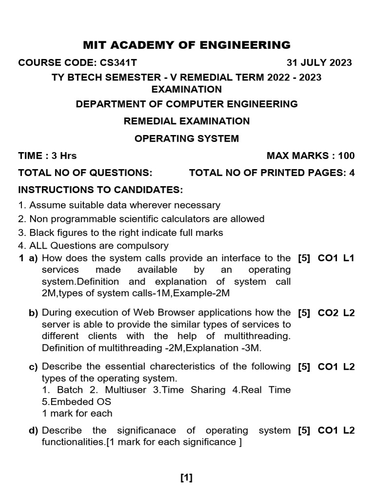 TY-Btech CS Operating System SEM V AUG 2023 | PDF | Thread (Computing ...