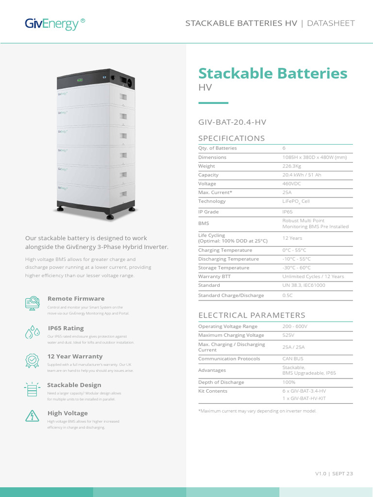 UK Datasheet Stackable Batteries HV | PDF | Power (Physics) | Electric ...
