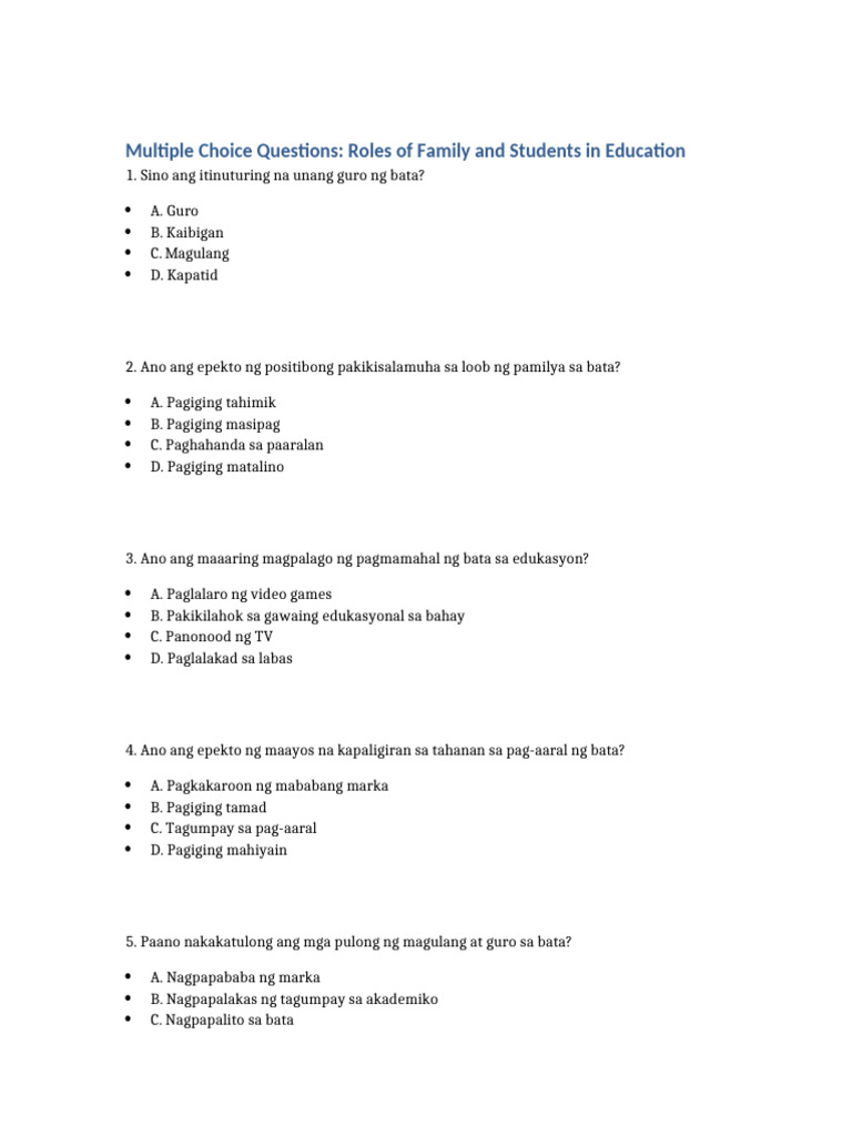 Multiple Choice Questions: Roles of Family and Students in Education | PDF