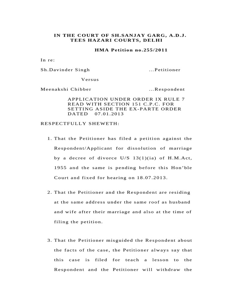 App. For Setting Aside Order | PDF | Affidavit | Ex Parte
