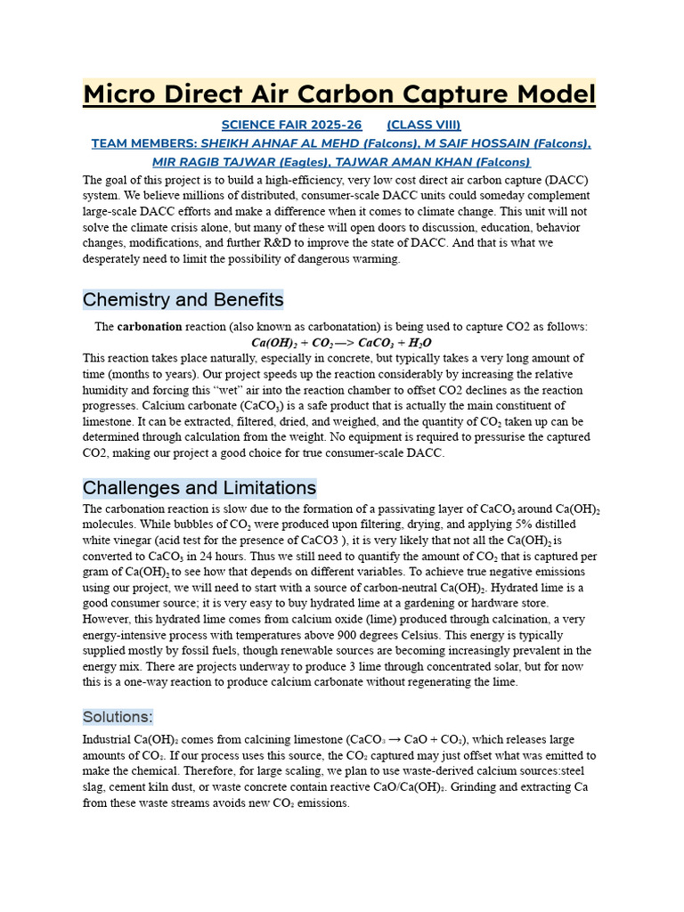 Science Fair Project Outline - Micro Direct Air Carbon Capture | PDF ...