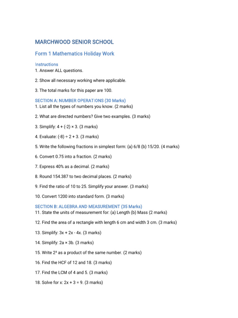 Form 1 Math Holiday Assignment Guide | PDF