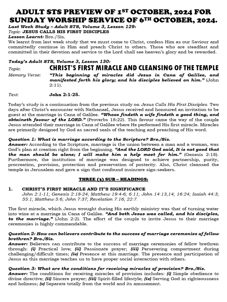 Adult Search The Scripture - Volume 3, Lesson 130 - Christ's First Miracle and Cleansing of The ...