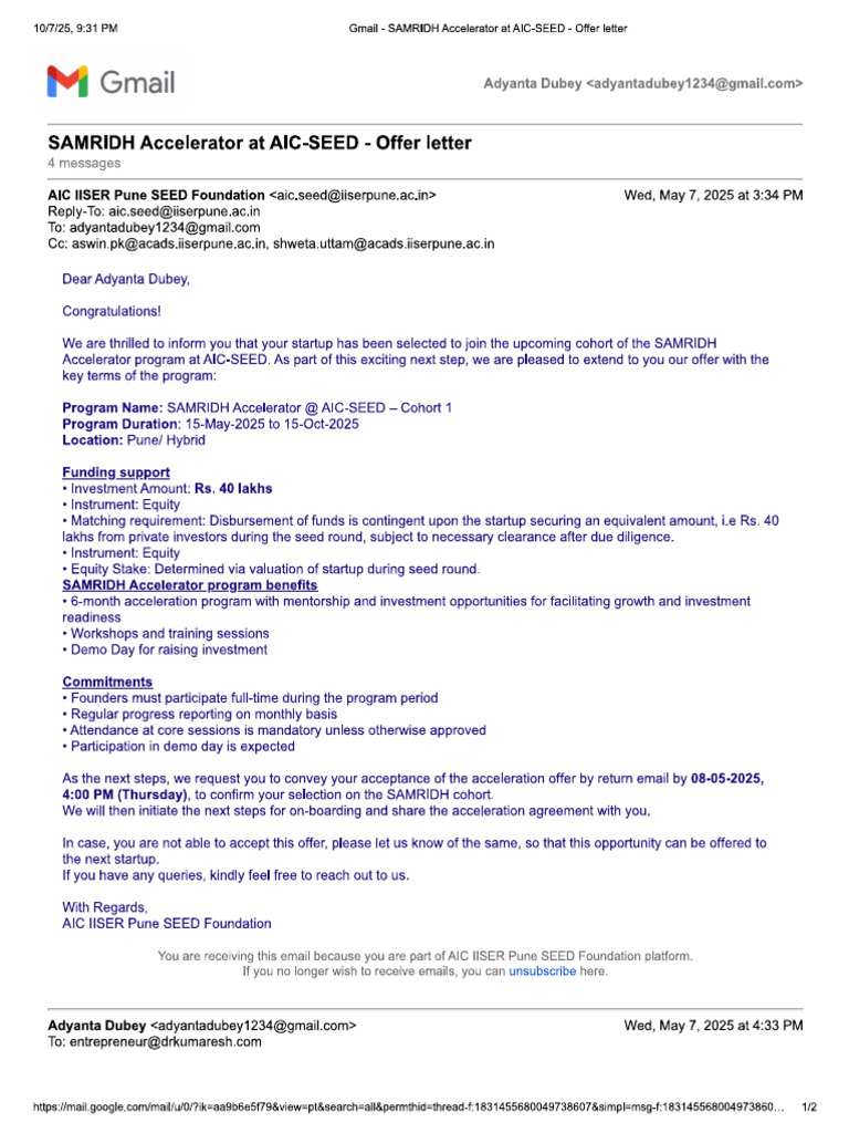 SAMRIDH Offer Letter | PDF