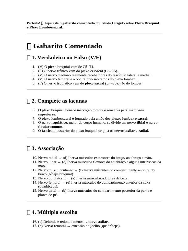 Respostas Estudo Dirigido - Plexo Braquial e Lombossacral | PDF | Nervo ...