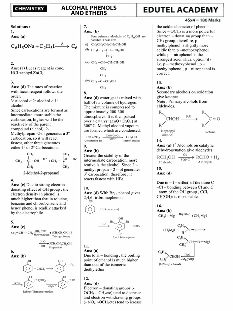 Alcohal Phenols and Ethers - Solution | PDF
