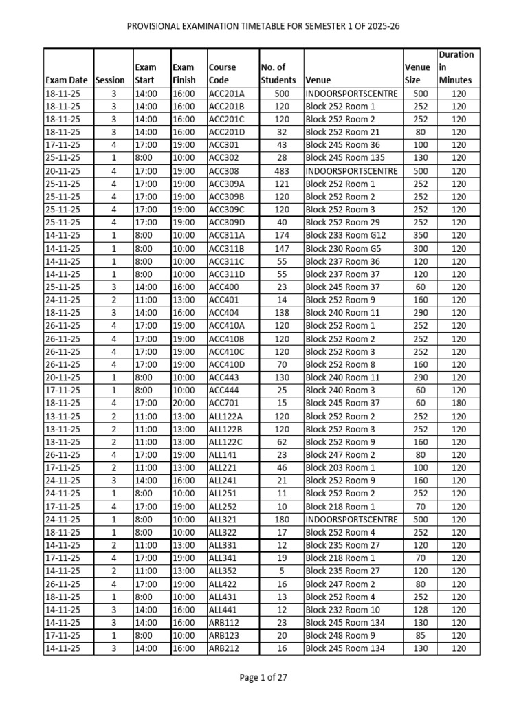 2025-26 Semester 1 Exam Timetable | PDF | Schools | Educational Stages