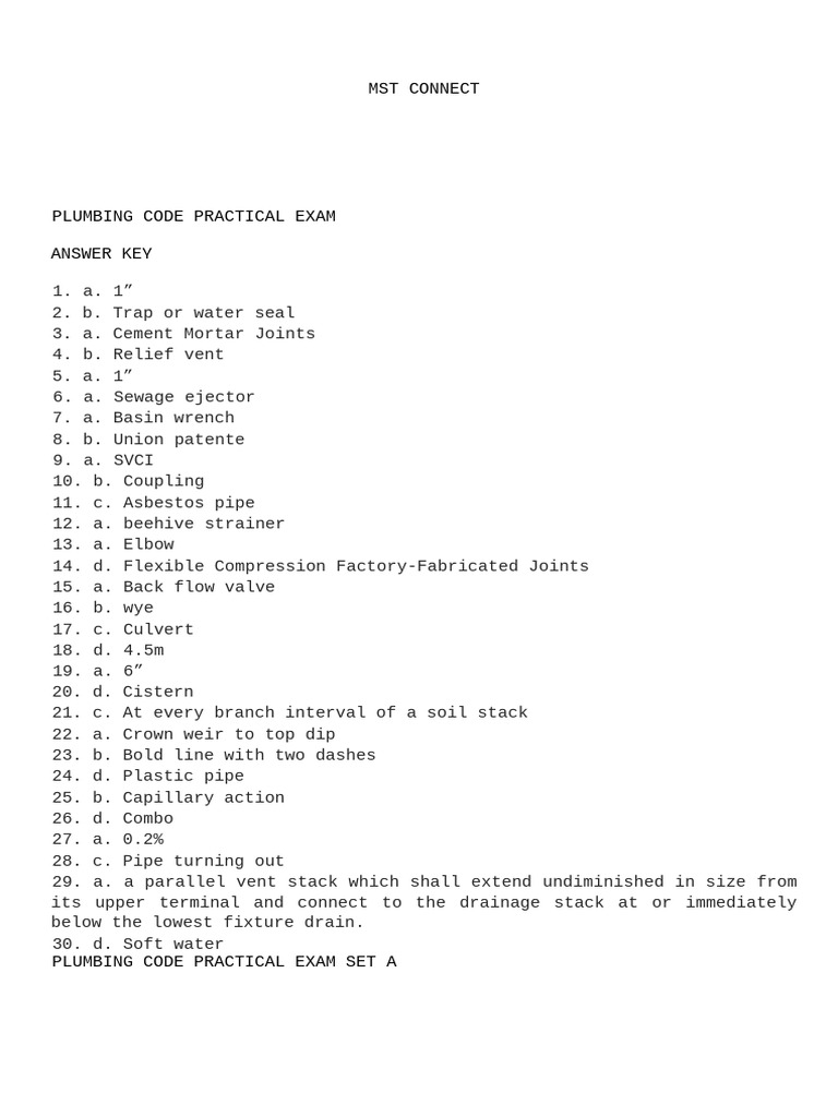 MST Connect Plumbing Exam Answer Key | PDF | Plumbing | Pipe (Fluid ...