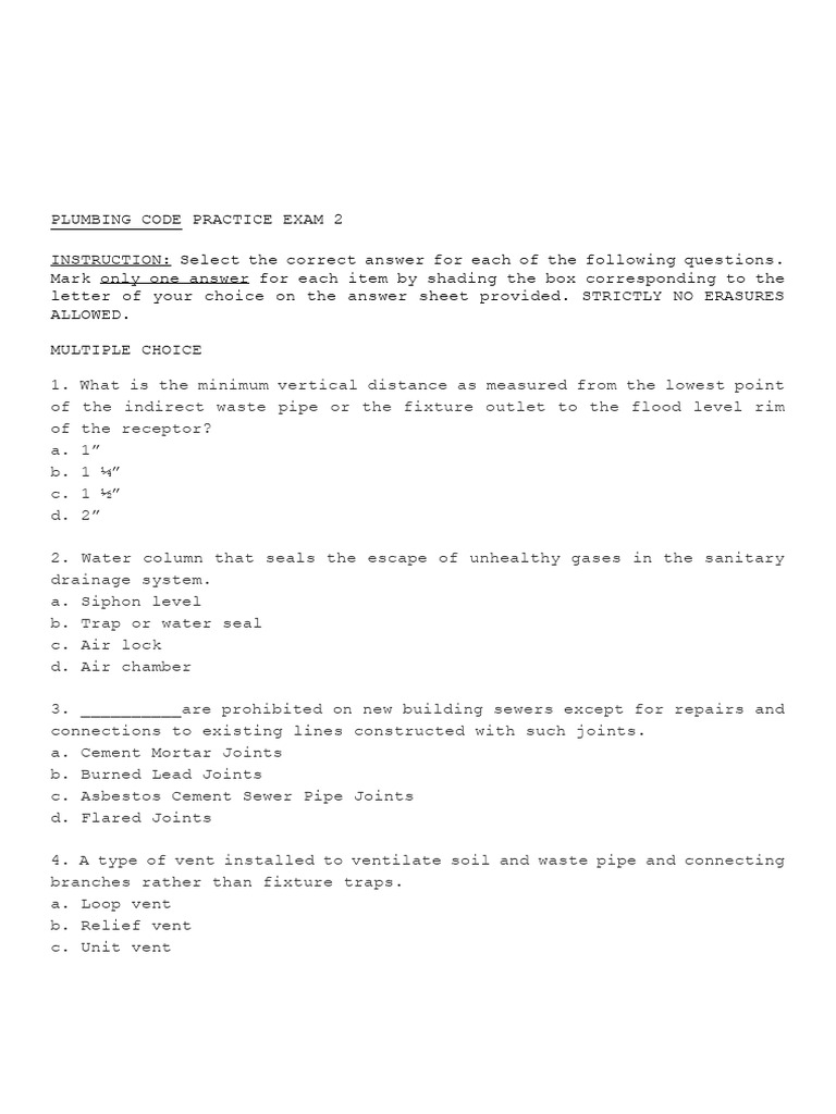 Plumbing Code Practice Exam Questions | PDF | Pipe (Fluid Conveyance ...
