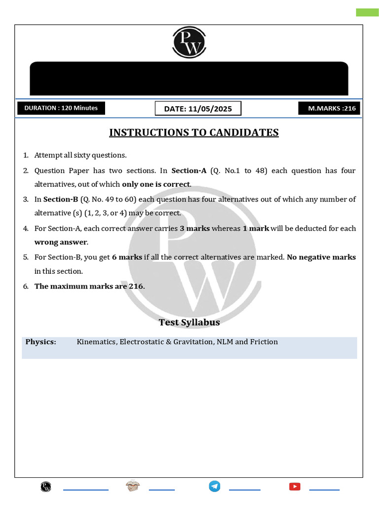 Test Paper 01 Test Paper | PDF | Sphere | Force